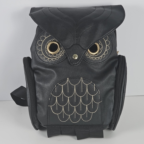 Source Unknown | Bags | Owl Backpack Black Faux Leather Gold Stitching ...